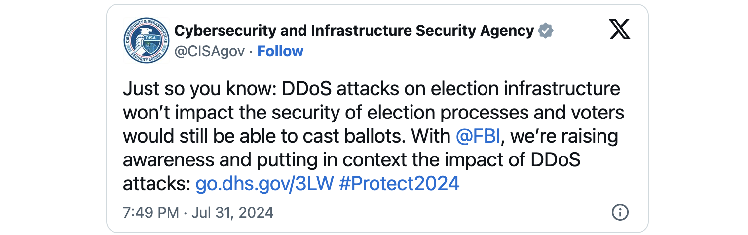 CISA and FBI: DDoS attacks won’t impact US election integrity